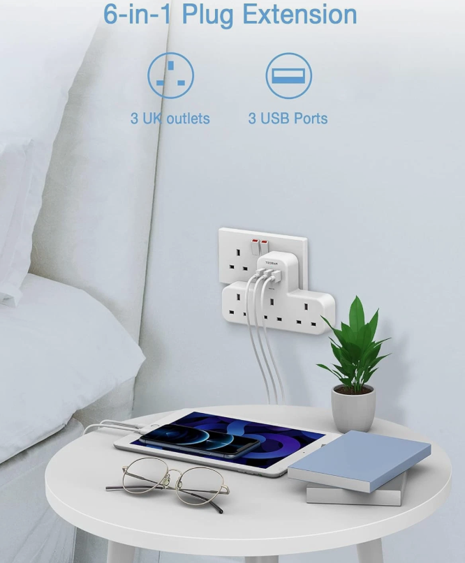 Plug Adapter Extension Socket with 3 USB 3 Way UK Outlets Extender Wall ...