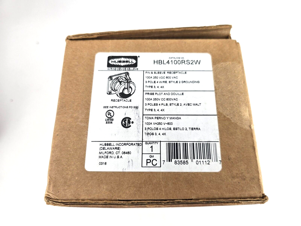Hubbell HBL4100RS2W 100-Amp Receptacle 100A 600V 3P Generator Wall Plug ...