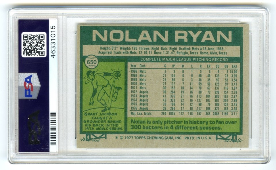 NOLAN RYAN~CALIFORNIA ANGELS~1977 TOPPS PSA-8 NM-MT (OC) MLB CARD#650 ...