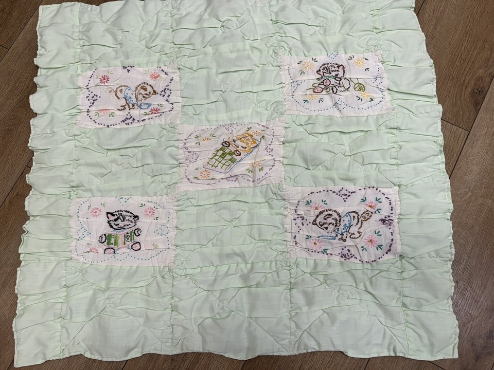 Vintage HANDMADE Ruffled Pinch Pleat Baby Crib Blanket Embroidered ...