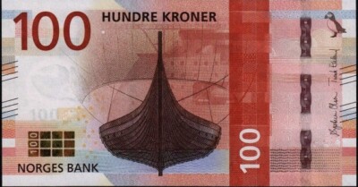2016 year Banknote Norway 100 Kroner. Single 100 Norwegian bill note ...