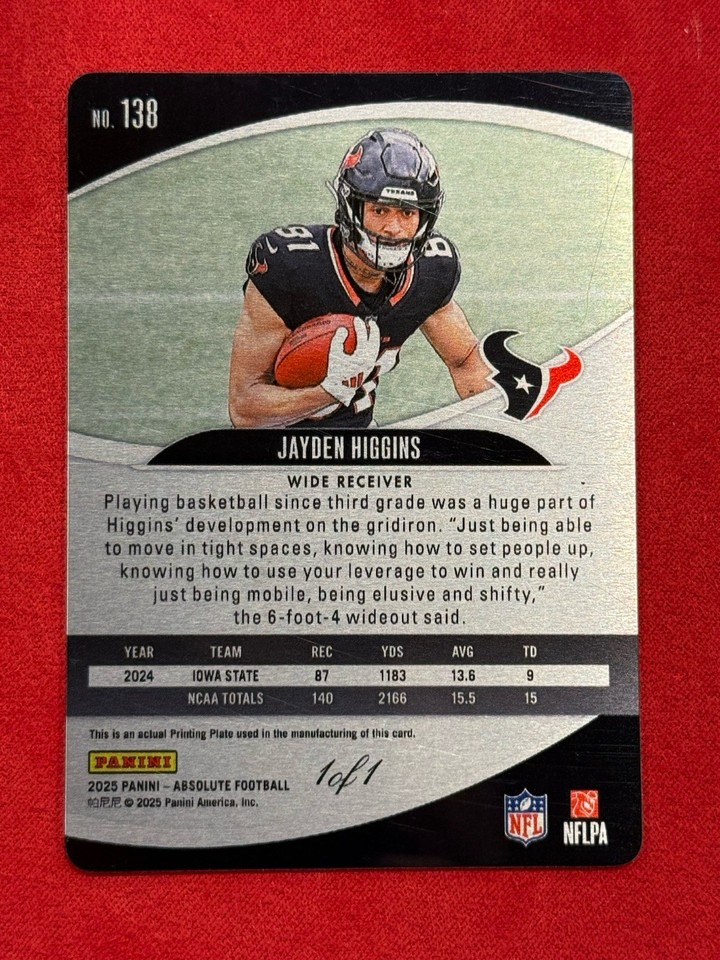 2023 Absolute Printing Plate Jayden Higgins Rookie 1/1 One Of One!! | eBay