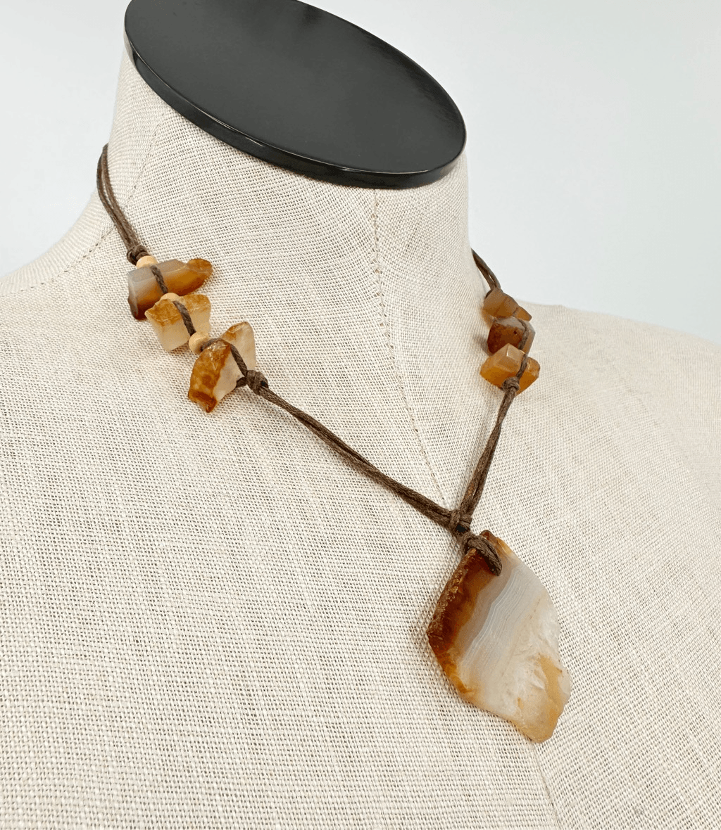 Vintage Amber Agate Stone Beaded Pendant Necklace 18” Twine Cord Silver ...