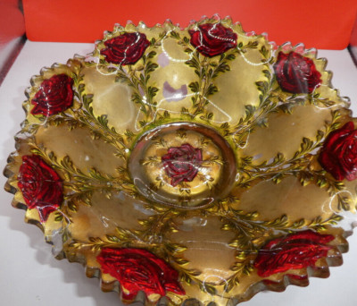 Vintage Goofus Glass Bowl Rose La Belle Sawtooth Edge Red Gold Paint 9 ...