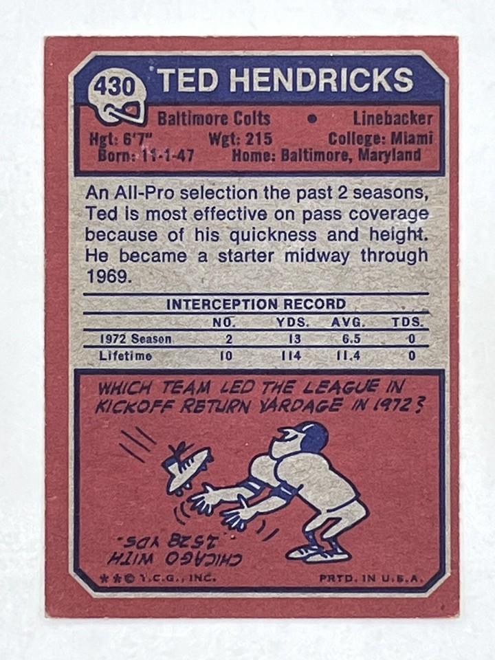 Ted Hendricks 1973 Topps #430 NFL HOF Baltimore Colts Linebacker ...