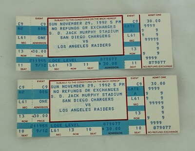(2) 1992 San Diego Chargers vs Oakland Raiders Ticket Stubs | eBay