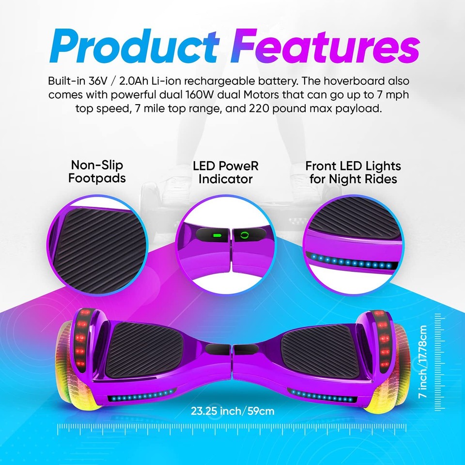6.5” Hoverboard for Kids Ages 6-12, Bluetooth Hover Board with Tunnel ...