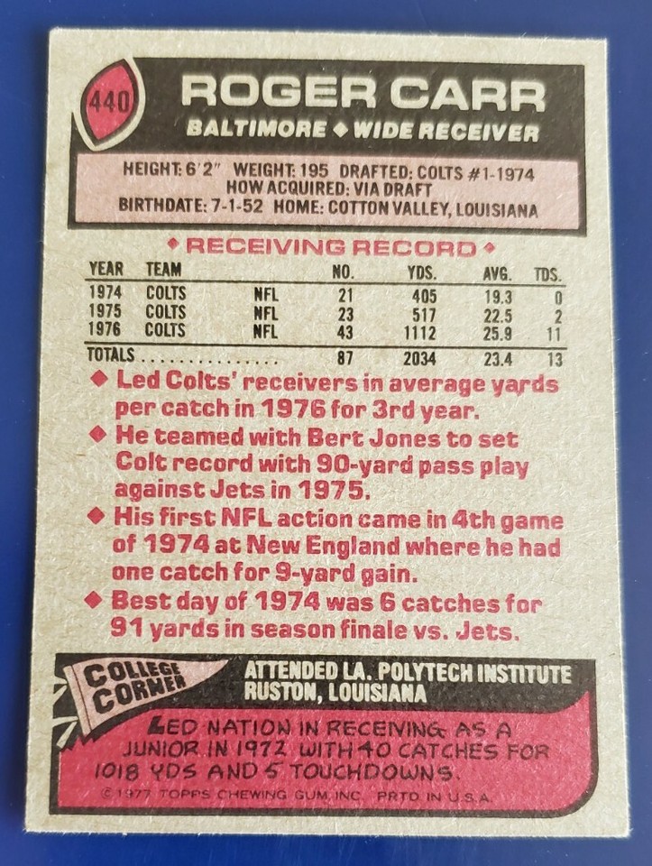 1977 Topps Roger Carr Baltimore Colts #440 | eBay