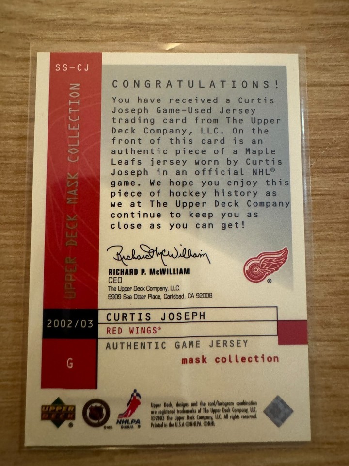 2002-03 UD Mask Collection SUPER STOPPERS Jersey CURTIS JOSEPH Detroit ...