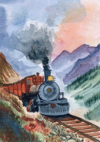 ACEO Original Art Card Vintage Classic Smoke Train Watercolor 100% Hand ...