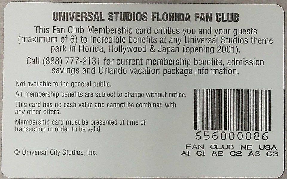 pre 2000 Universal Studios Fan Club Hollywood & Florida Official ...