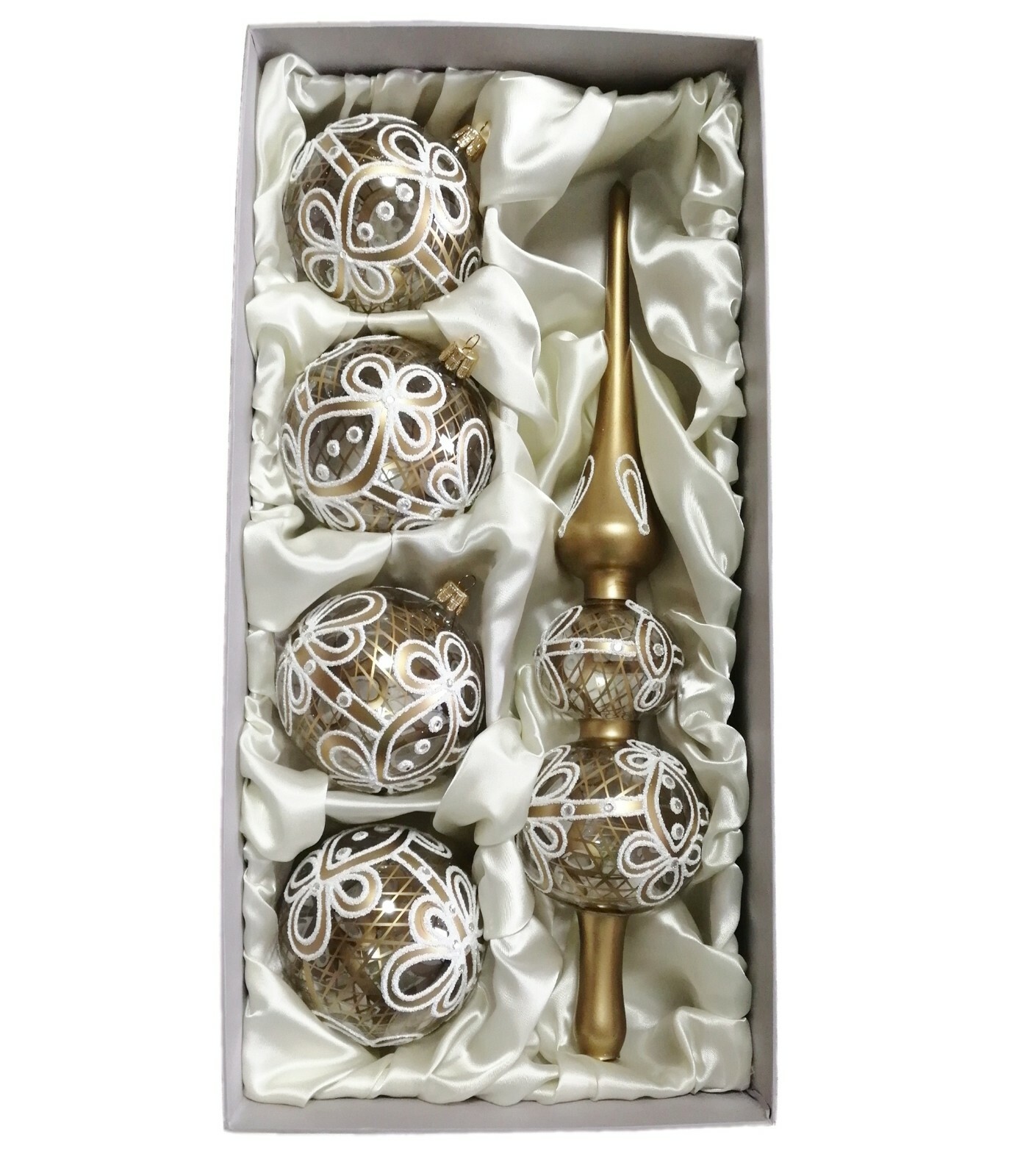 Set 5 blown glass Christmas ornaments tree topper gold clear Czech XL ...