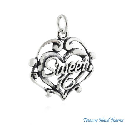 Sweet 16 Heart 16th Sixteen Birthday 925 Sterling Silver Charm Pendant ...