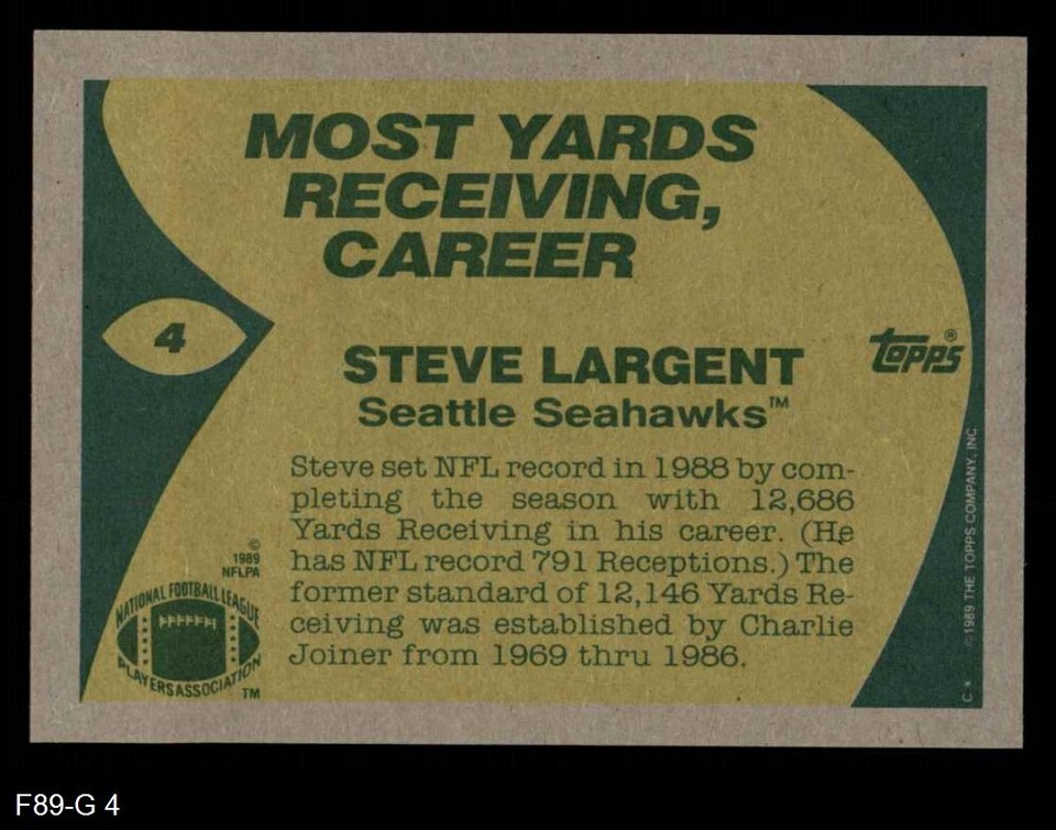 1989 Topps #4 Steve Largent Record Breaker Seahawks HOF Tulsa 8 - NM/MT ...