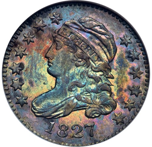 1827 10C NGC Fatty MS62 Capped Bust Dime Spectacular Rainbow Toning ...