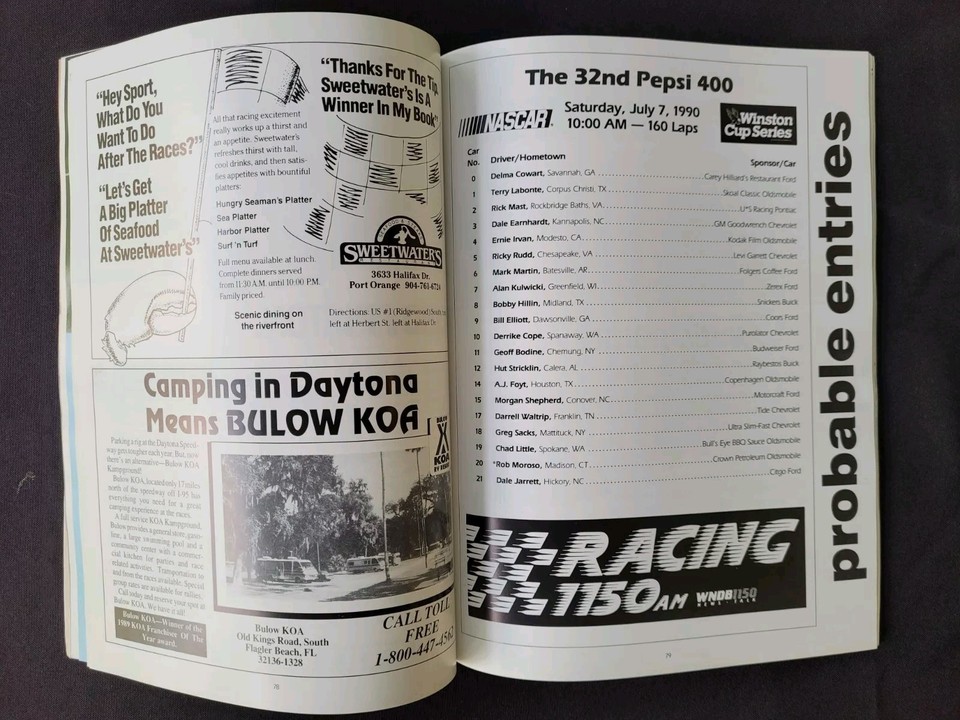 1990 NASCAR Daytona Firecracker 400 Program/Lineup, Dale Earnhardt Win ...