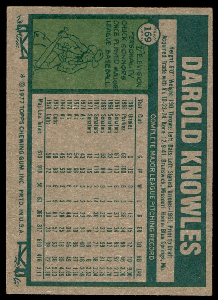 1977 TOPPS DAROLD KNOWLES CHICAGO CUBS #169 | eBay