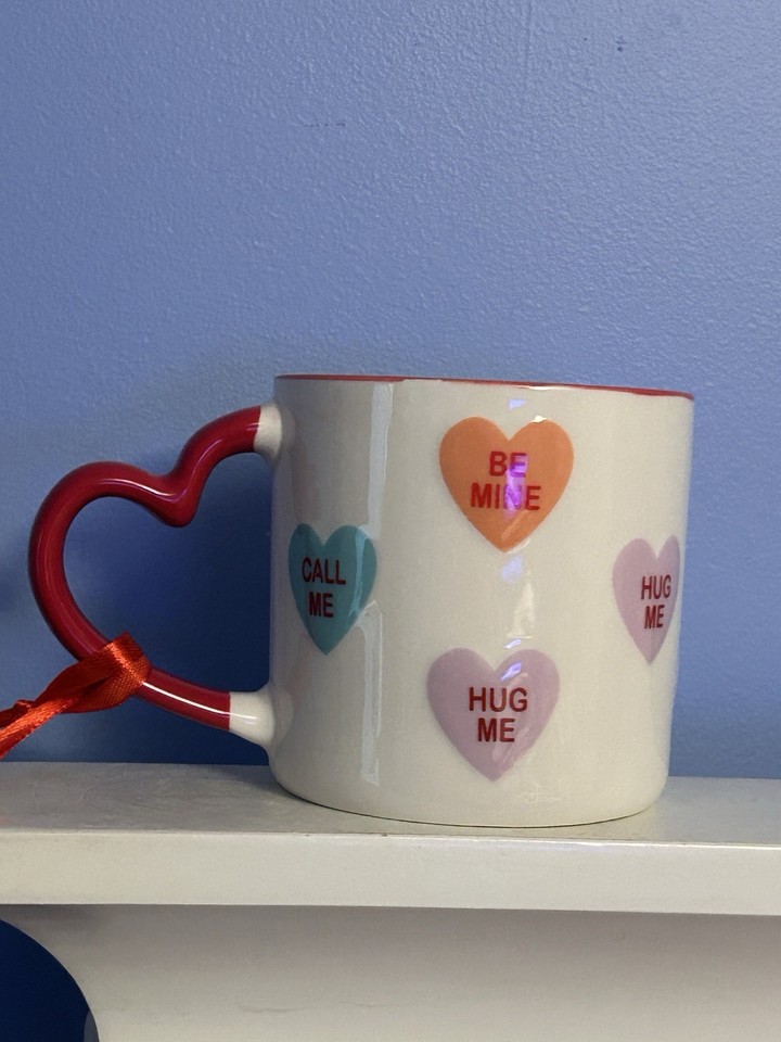 Valentine Ceramic Mug conversation hearts with red heart handle | eBay