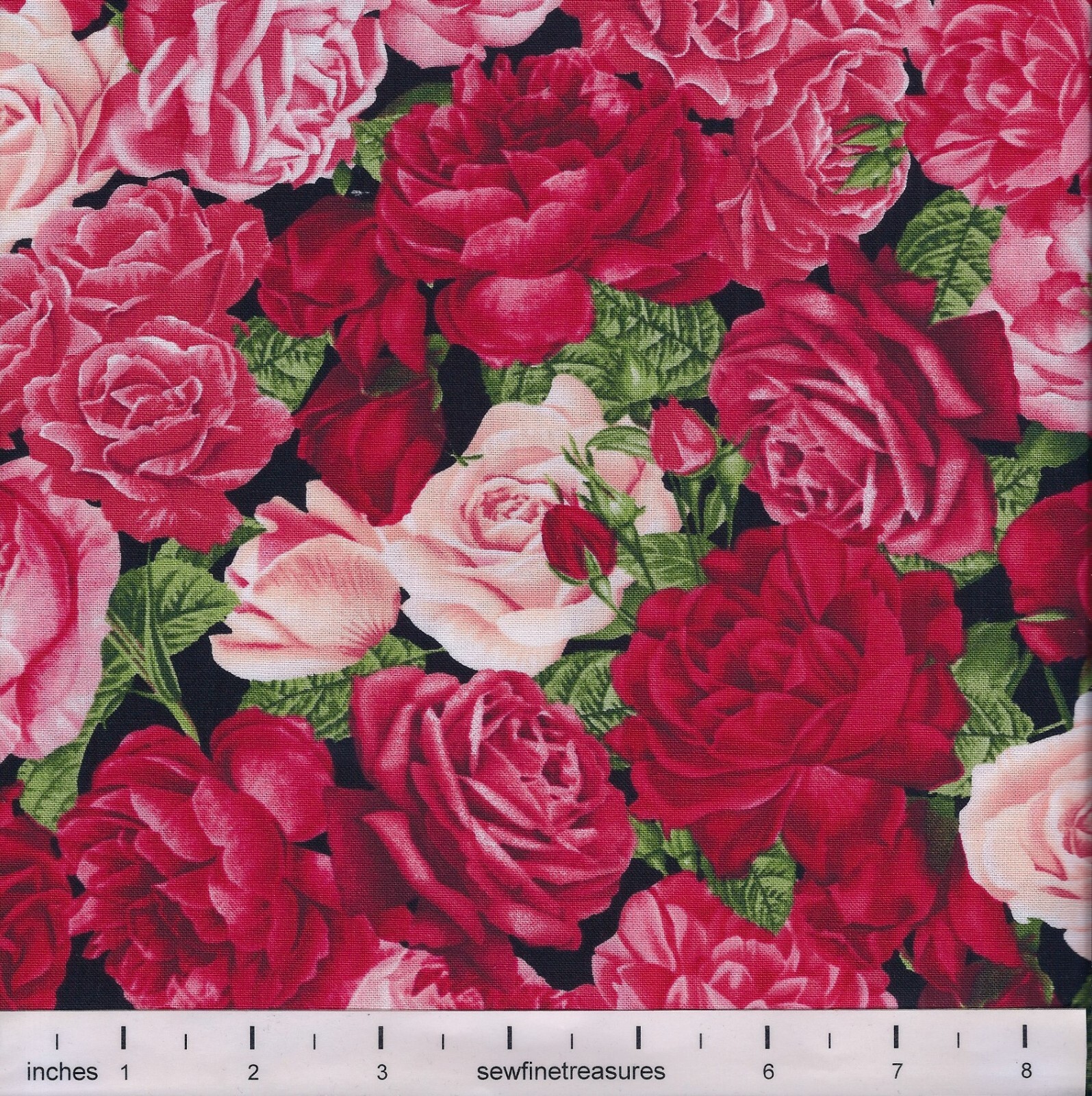 Rose Garden Large Roses Packed on Black Flowers Floral Fabric By the FQ ...