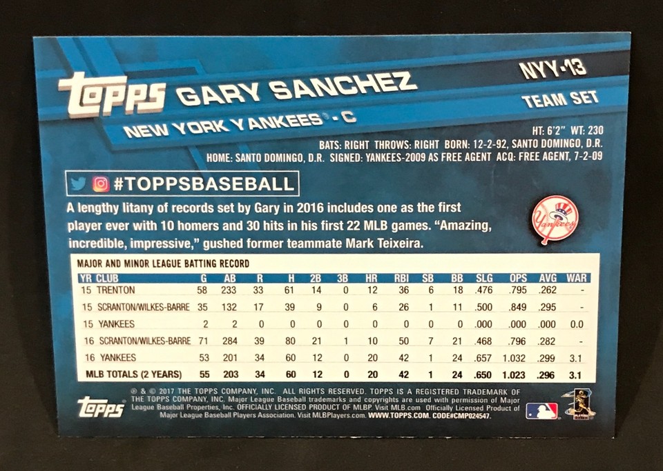 2017 TOPPS FACTORY TEAM SET GARY SANCHEZ ROOKIE CARD #NYY-13 YANKEES ...