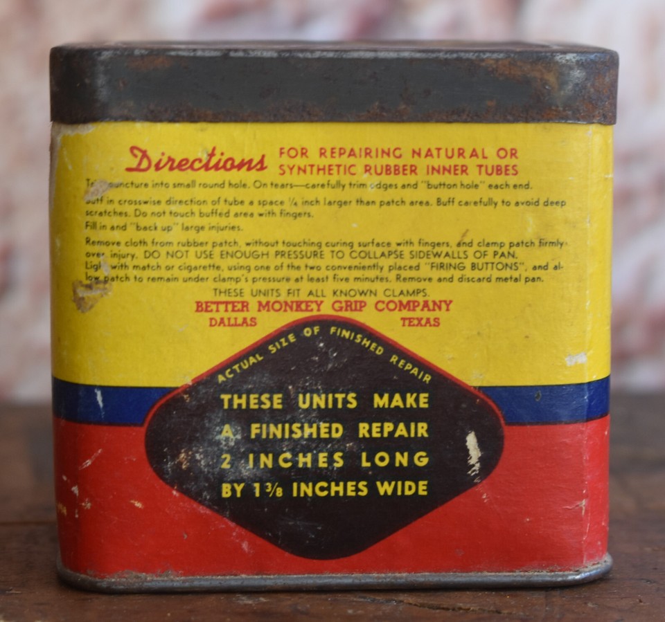 Vintage Monkey Grip Sizzle Vulcanizing Patches Cardboard Can w Tin Top ...