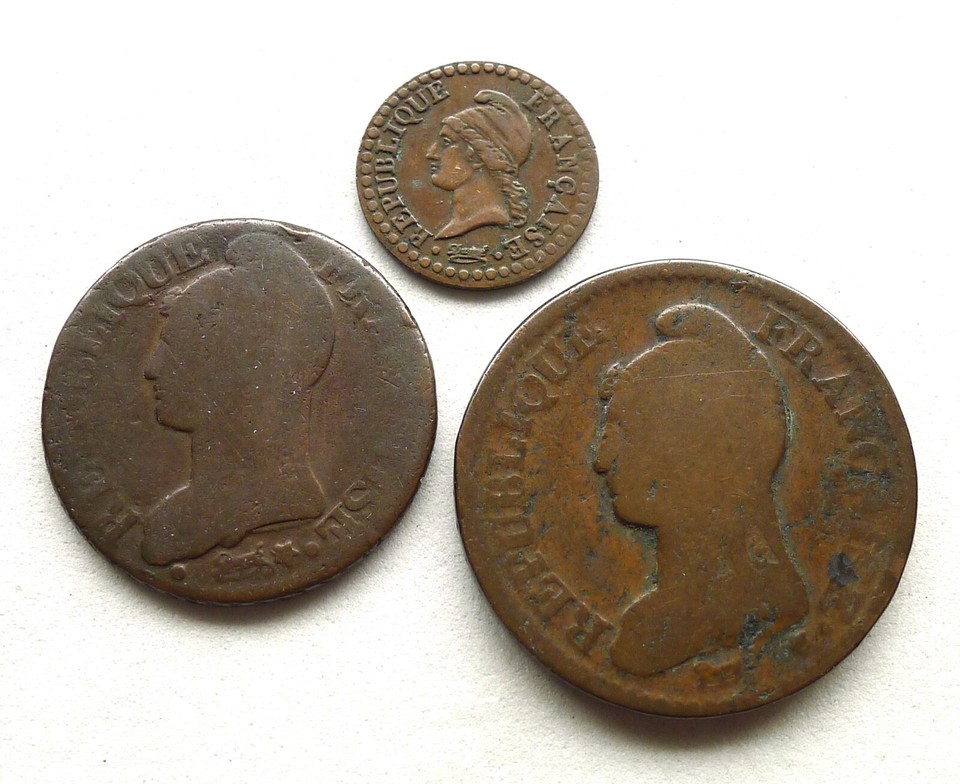 FRANCE LOT X 3: CENTIME 1797A L'AN 6, 5 CENT 1799W L'AN 8, DECIME ...