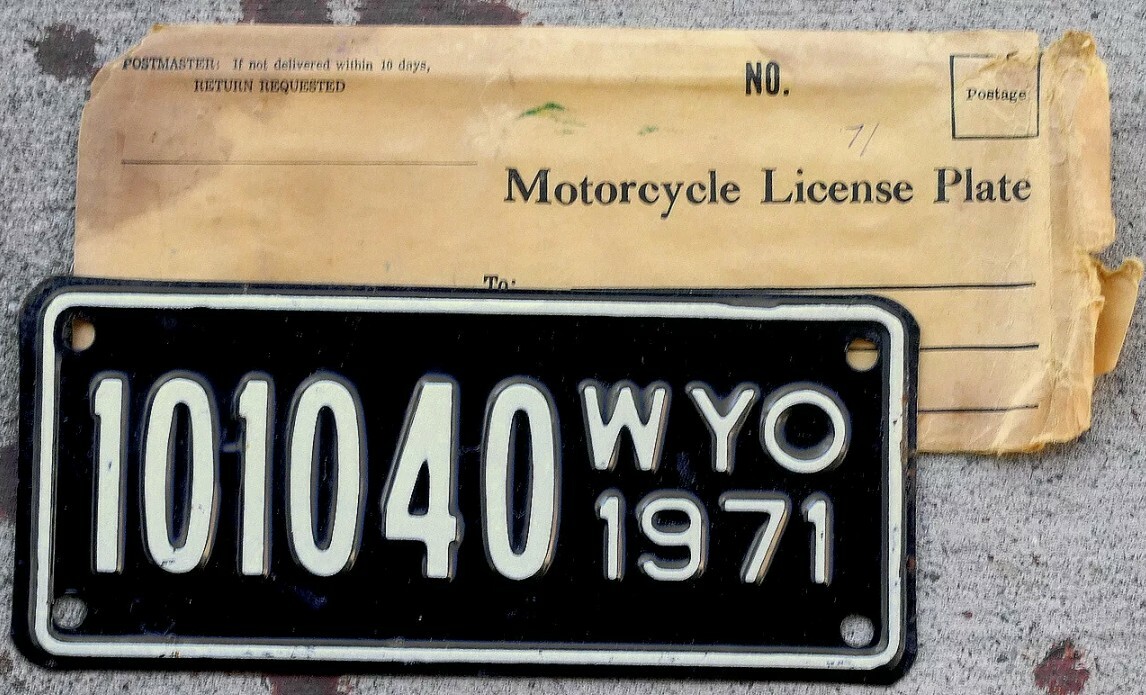 1971 Wyoming Motorcycle License Plate # 101040 - Great Colors - With ...