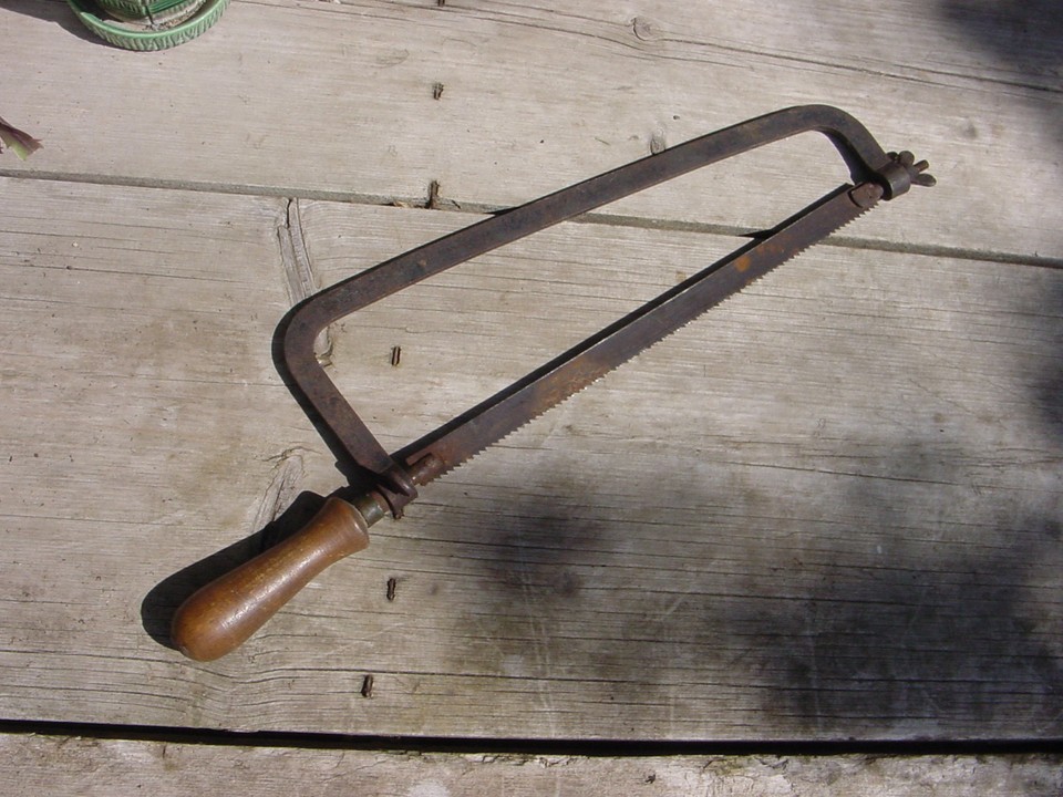 ANTIQUE IRON Meat/Bone HACKSAW WOODEN HANDLE SAW OLD BARN Signed ...