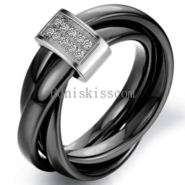 Black Ceramic Rope Rolling Ring Silver/ Gold Tone Tricyclic Engagement ...