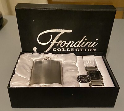Fondini Collection Mens Stainless Steel Flask & Watch Formal Gift Set ...