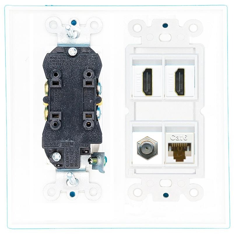 15A Round Power Outlet 2 Port HD CAT6 Ethernet Coax Cable TV Wall Plate ...