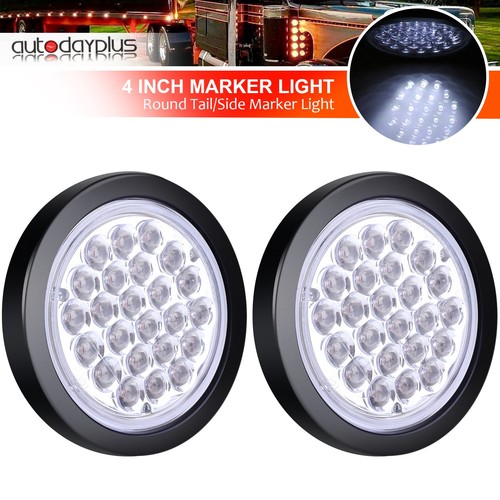 New 2X White 4" Round LED Signal Side Marker Lights Rubber Mount Fits ...
