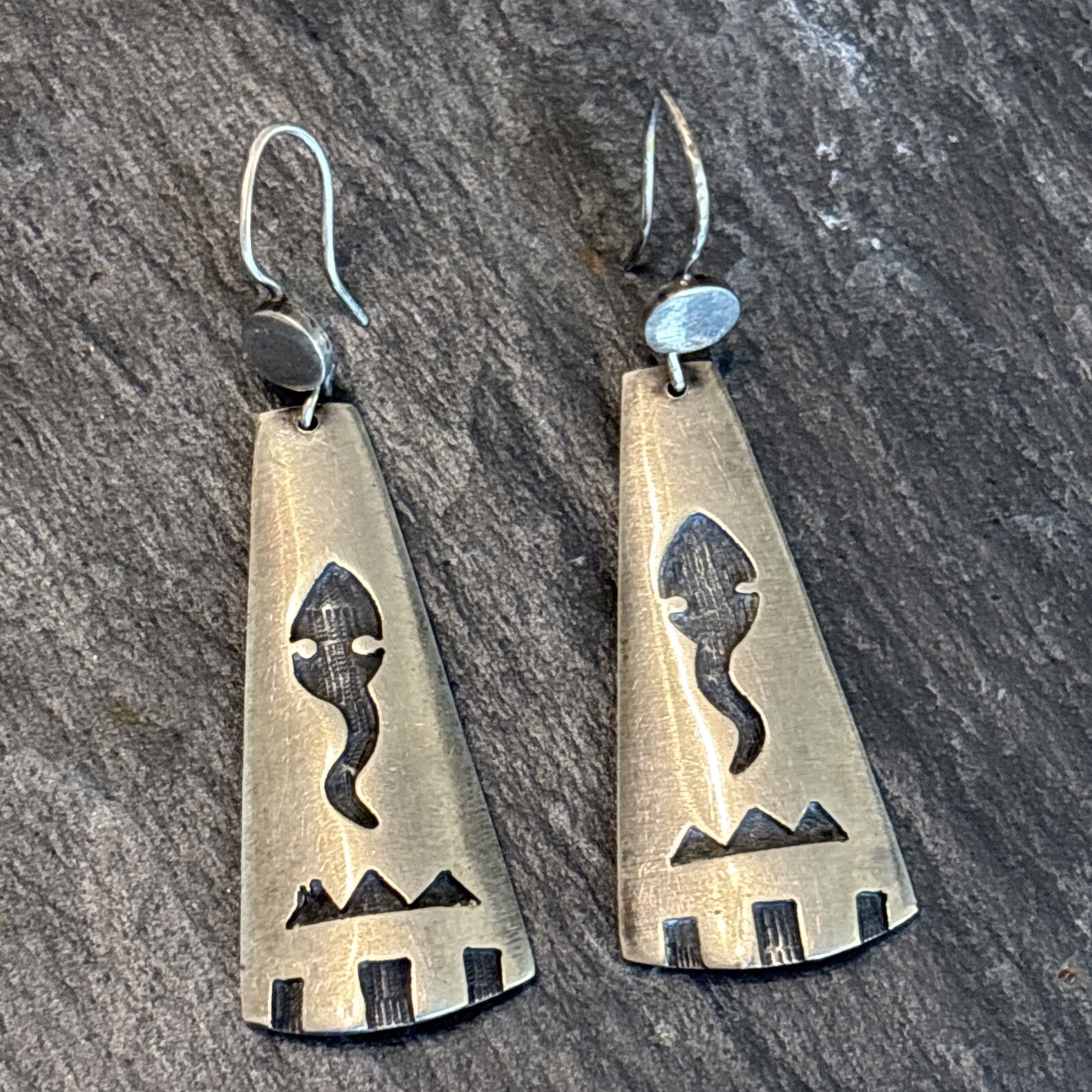 Hopi Crafts Sterling Silver Snake Overlay Dangle earr… - Gem