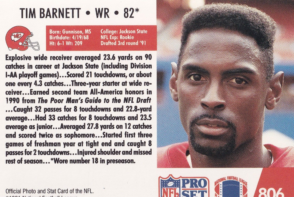 1991 Pro Set # 806 Tim Barnett Kansas City Chiefs + (Yes 4 Free Mystery ...