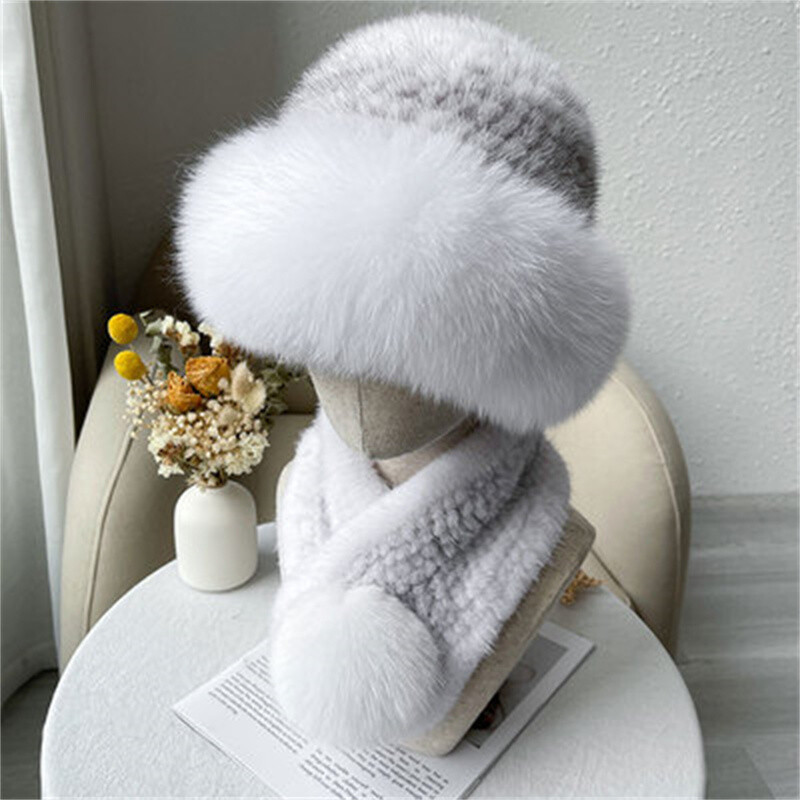 Women's Real Mink Fur Hat + Real Mink Fur Scarf Set Knitted Beanies ...