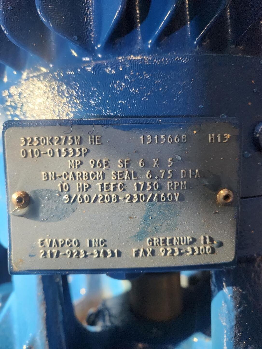 10 HP EVAPCO 10-1535P 6 X 5 X 6.75 IMP DIA CENTRIFUGAL PUMP Weg motor ...