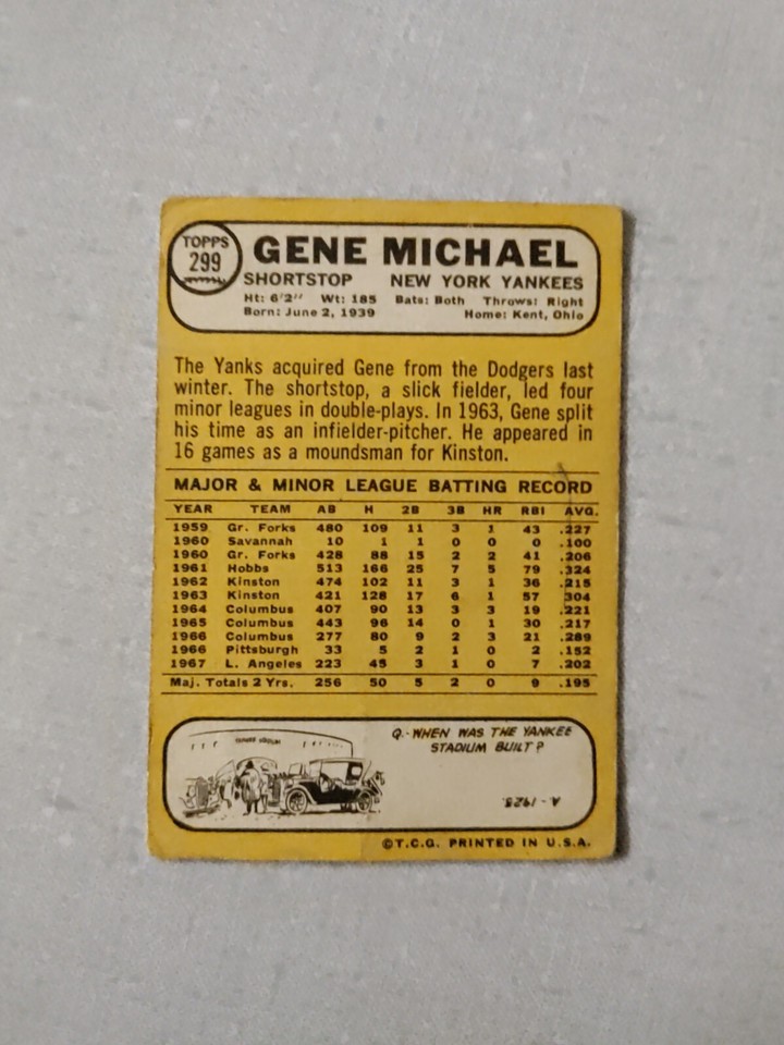 1968 Topps ** Gene Michael #299 Baseball Card New York Yankees poor ...