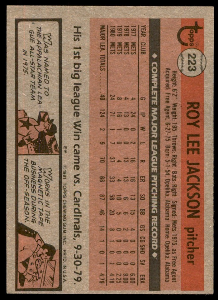 1981 Topps Baseball Card Roy Lee Jackson Rookie New York Mets #223 | eBay