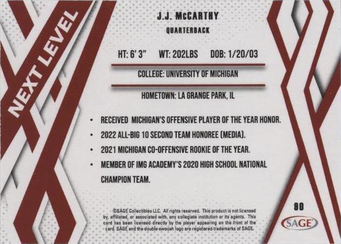 Las mejores ofertas en 2024 SAGE HIT Low Series J.J. McCarthy #90 | eBay