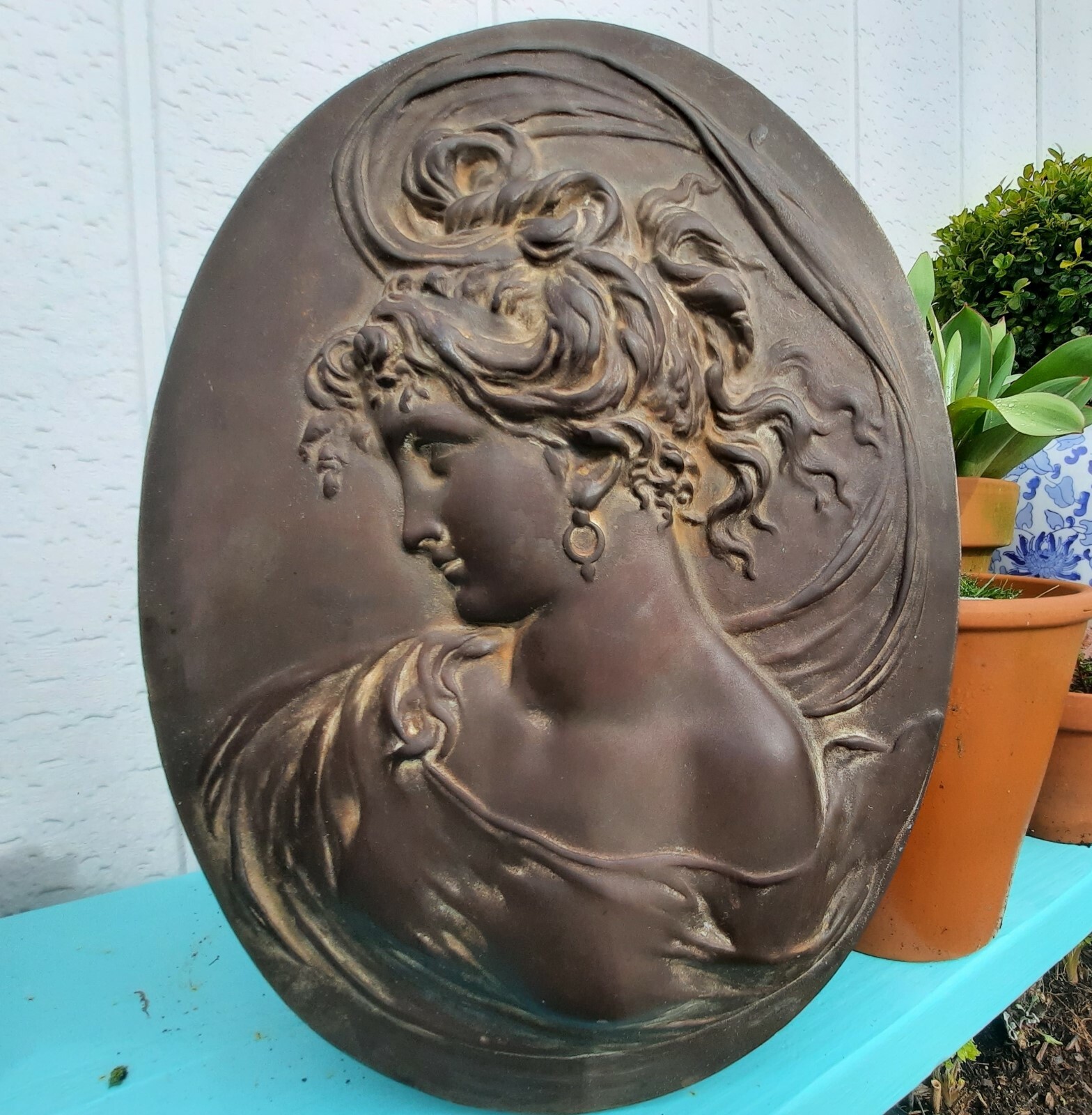 LRG 14" art nouveau lady antique bronze wall statue plaque vtg woman ...