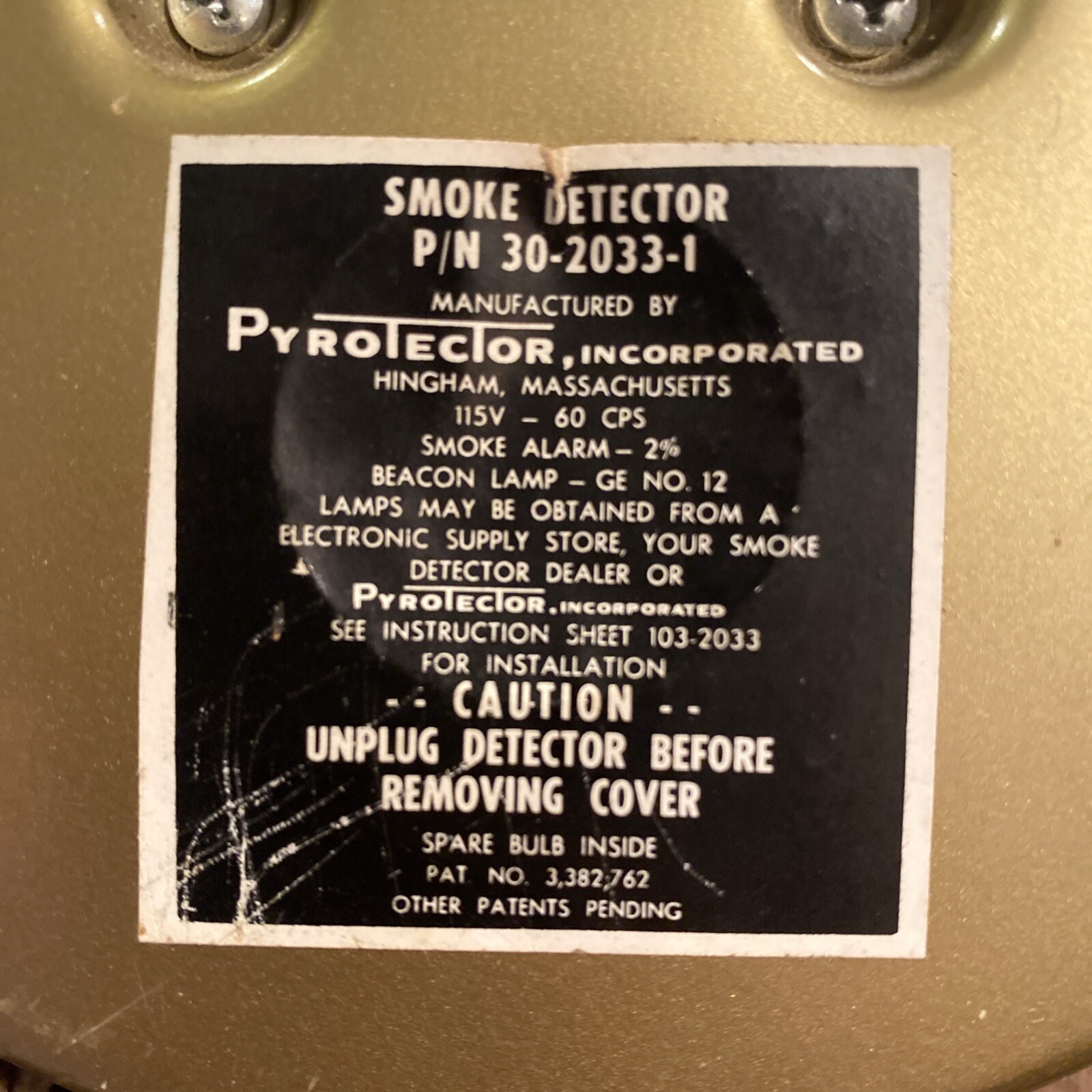 Vtg RARE Gold METAL Wall Mount Plug Electric PYROTECTOR SMOKE DETECTOR ...