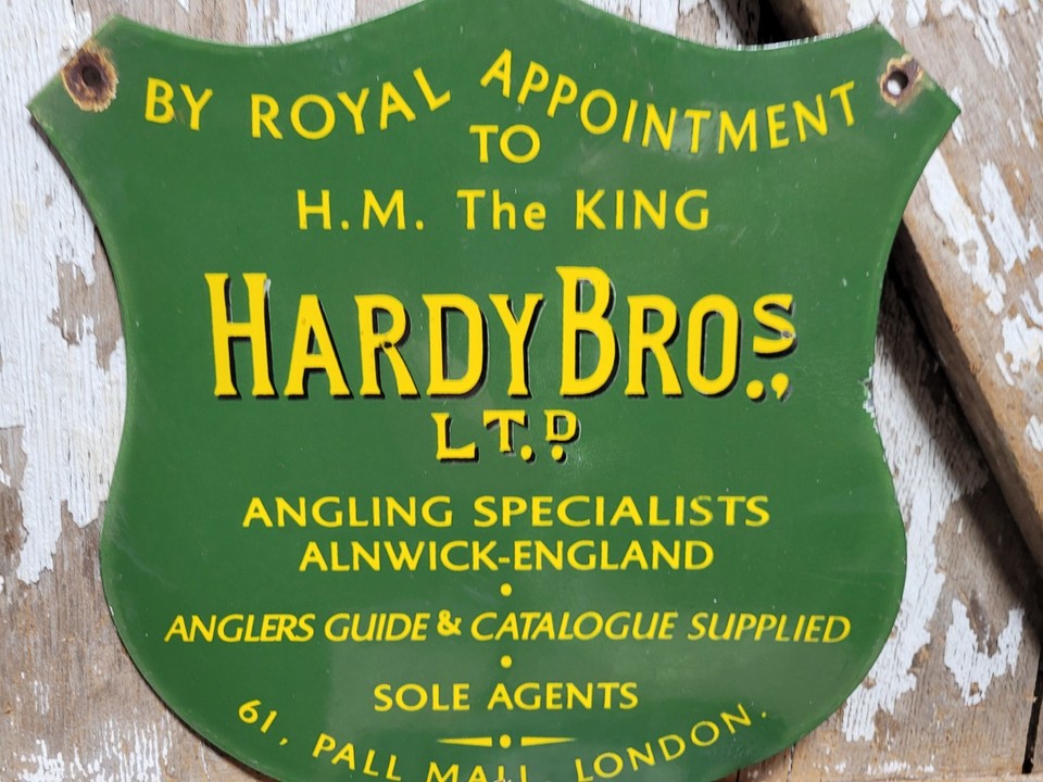 VINTAGE HARDY BROS PORCELAIN SIGN OLD ANGLING FLY FISHING ROD REELS ...