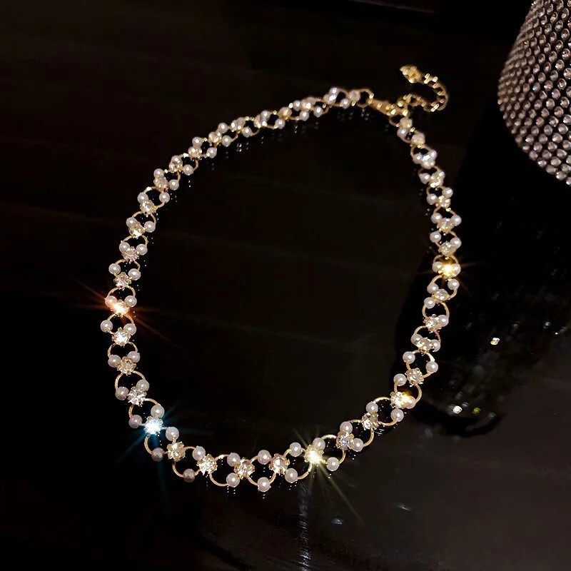 Geometric Rhinestone Pearl Shiny Necklace Unique Temperament Fashion ...
