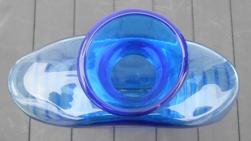 RARE Blenko 1990s Art Glass Azure Blue Stepped Cog Shield Bottle Vase ...