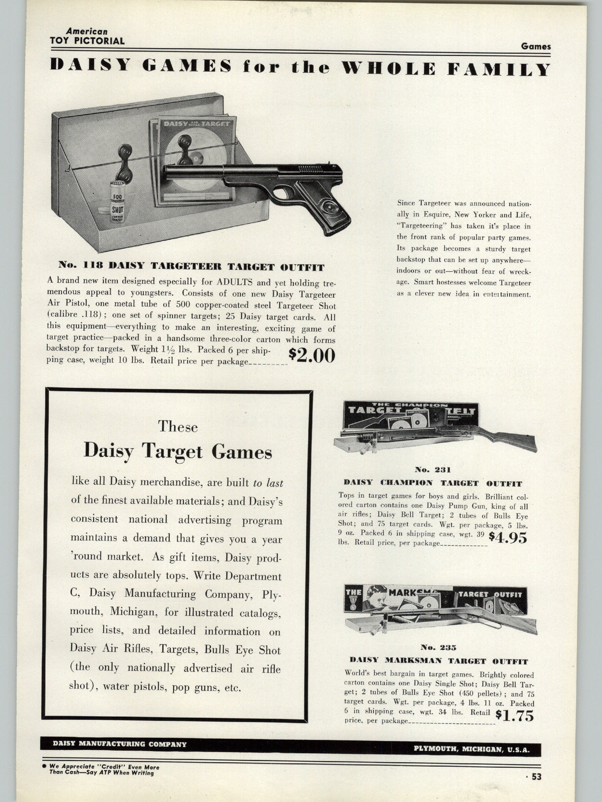 1937 PAPER AD Daisy Targeteer Target Games Outfit Champion Marksman Box ...