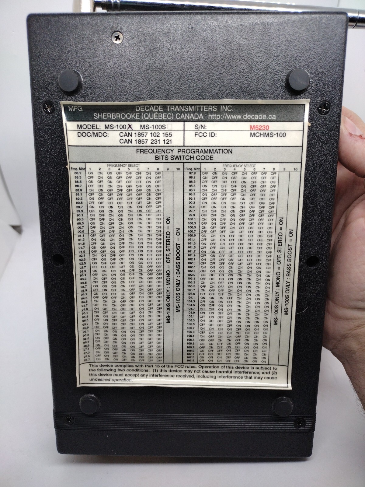 Decade MS-100 FM Mono Professional Grade Low Power Audio Transmitter ...