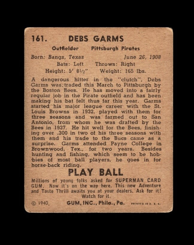 1940 Play Ball Set-Break #161 Debs Garms LOW GRADE *GMCARDS* | eBay