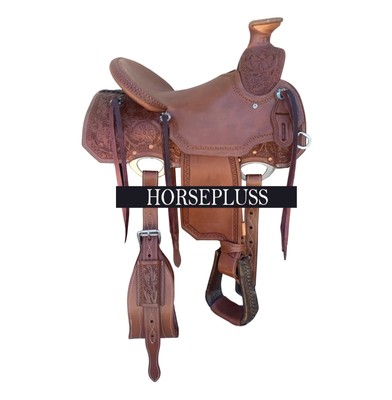 Hard Seat Tooled Brown Leather Western Roping Horse Saddle Wade Tree 10 ...