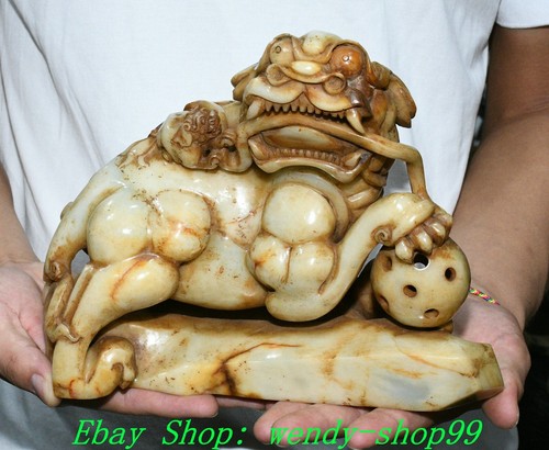 9" Old Han Dynasty Hetian Jade Fengshui Foo Fu Lion Leo Kid Ball Animal ...