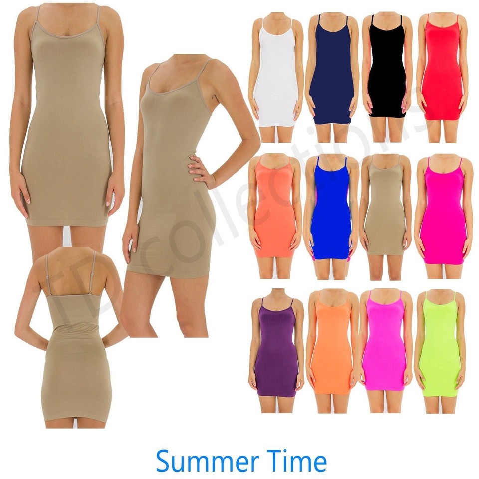 EXTRA LONG Seamless Basic Spaghetti Strap STRETCH Cami Tank Top Tunic ...